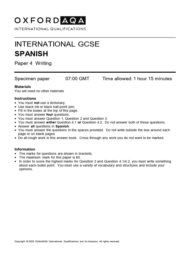 International GCSE Spanish Writing Specimen Paper v1 | PDF ...