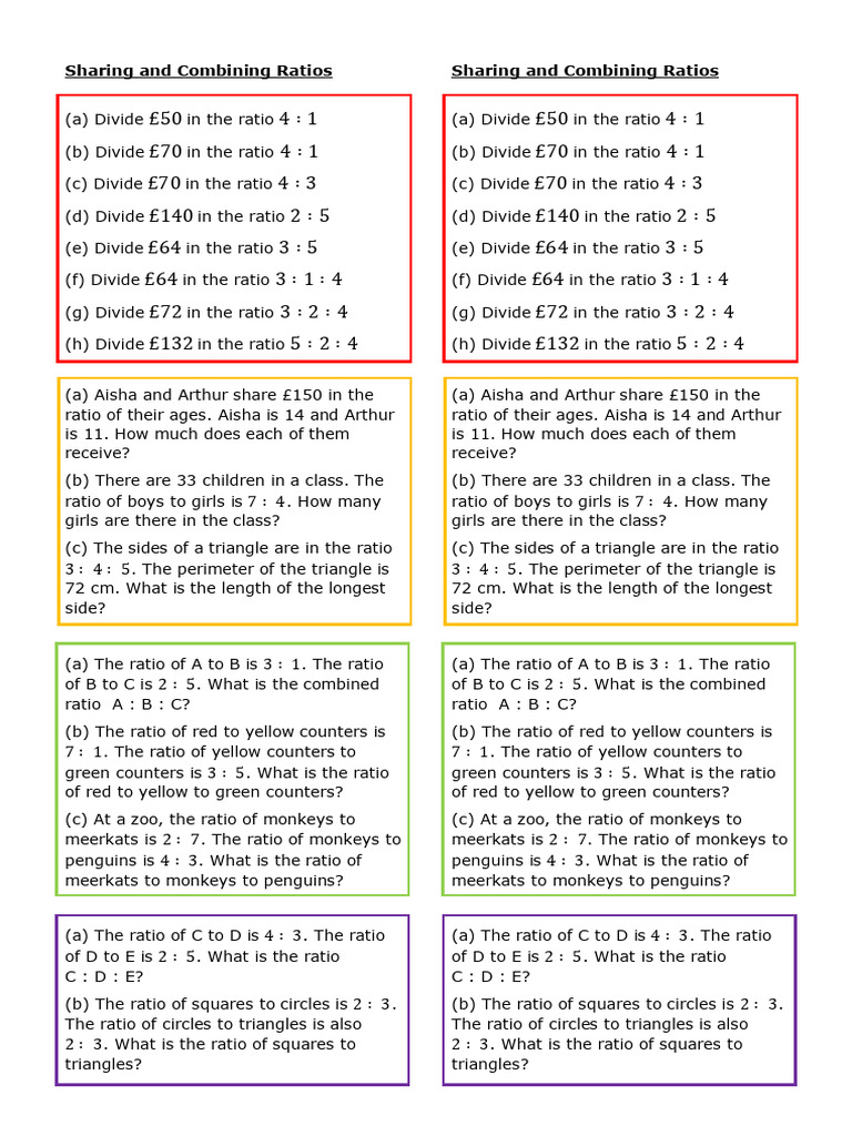 Sharing and Combining Ratios Practice Strips V2 | PDF | Ratio | Numbers