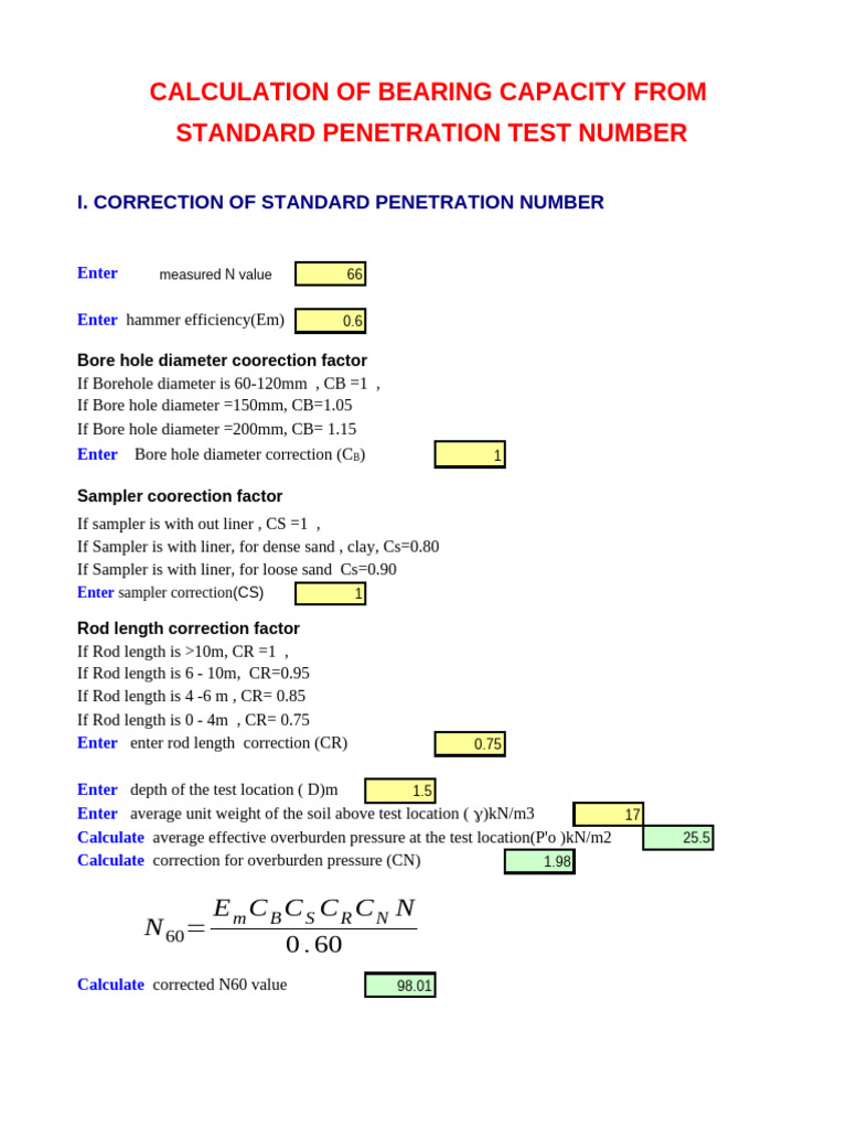 Bearing Capacity Calculation from SPT-N | PDF | Borehole | Soil