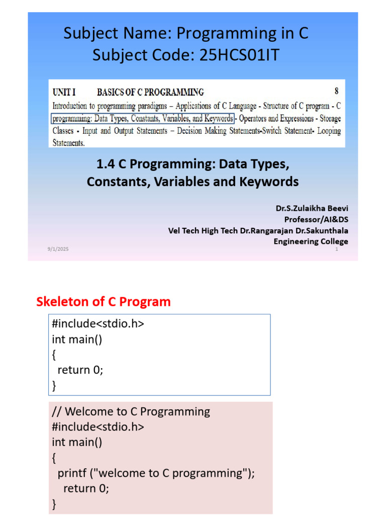 1.4 C Variables Data Types | PDF | Integer (Computer Science) | Data Type