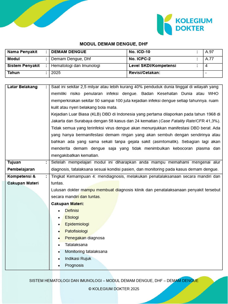 SISTEM HEMATOLOGI DAN IMUNOLOGI – MODUL DEMAM DENGUE, DHF – DEMAM DENGUE | PDF