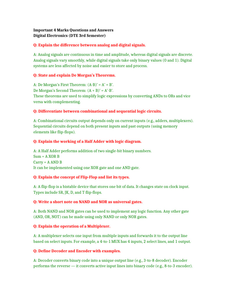 Key Questions on Digital Electronics | PDF | Logic Gate | Digital ...