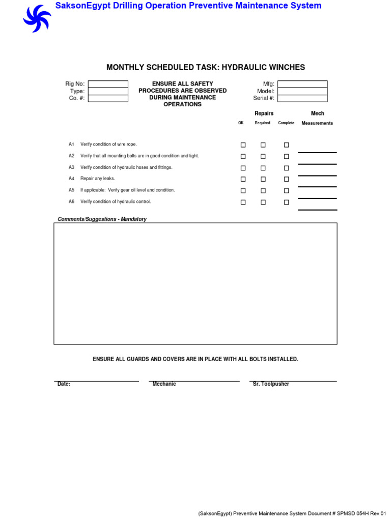 Monthly Hydraulic Winch Maintenance Checklist | PDF
