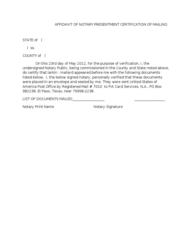 Affidavit of Notary Presentment Certification of Mailing | PDF | Law