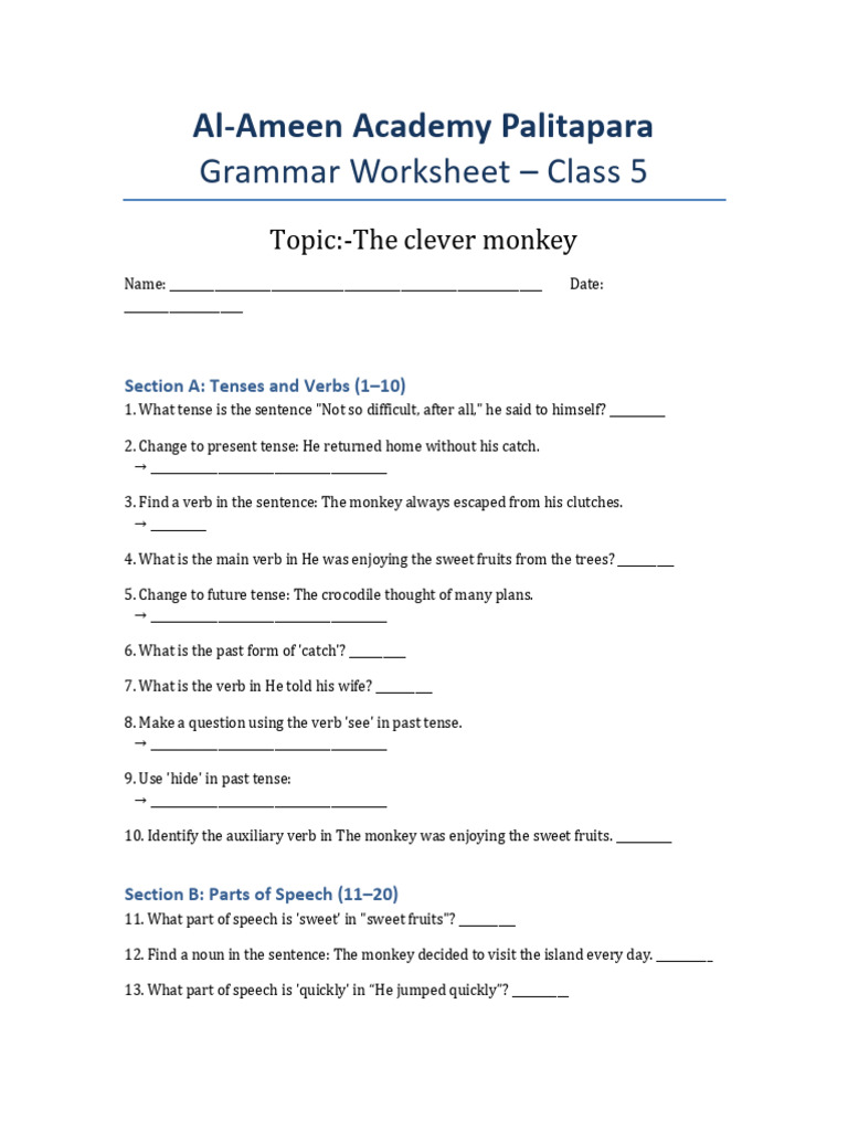 Class 5 Grammar Worksheet: Tenses & Sentences | PDF | Part Of Speech | Verb