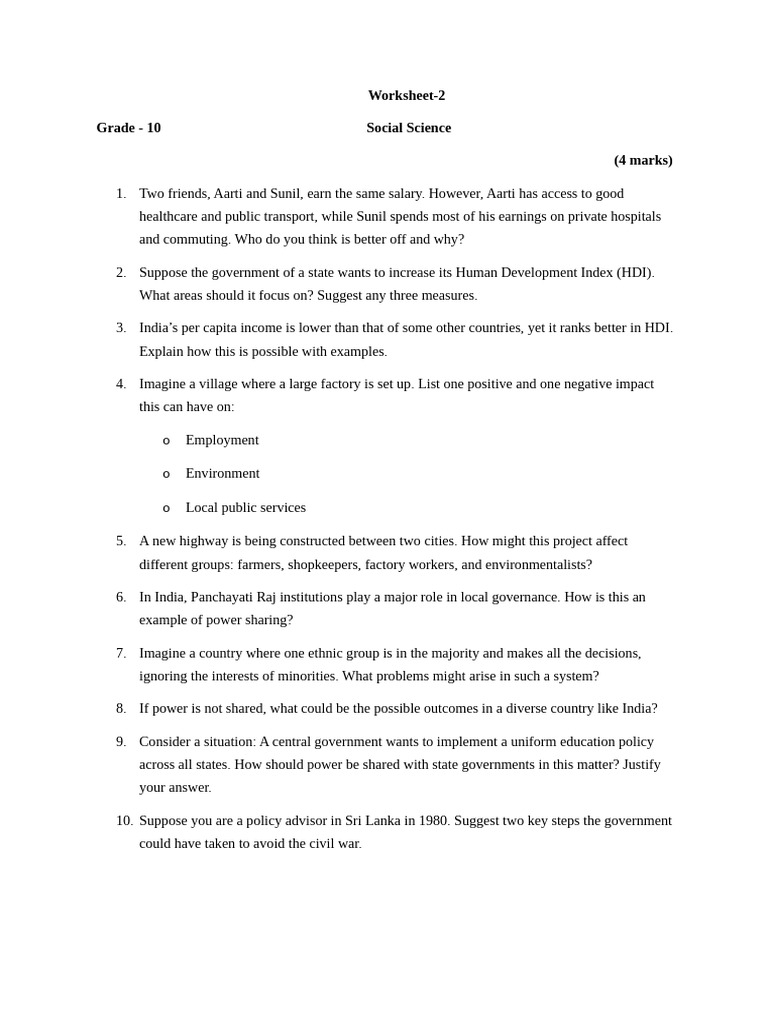 Grade 10 Social Science Worksheet on Development and Power Sharing ...