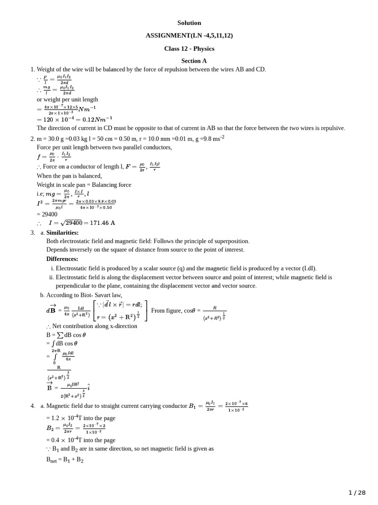 Assignment (LN 4,5,11,12) Solution | PDF | Electron | Force