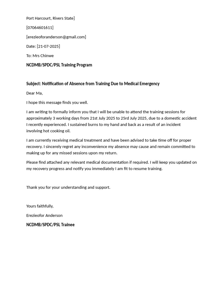 Absence Notification for Training Due to Injury | PDF