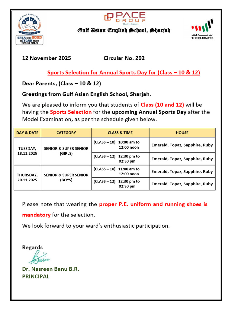 Sports Selection For Annual Sports Day For (Class - 10 & 12) Circular ...
