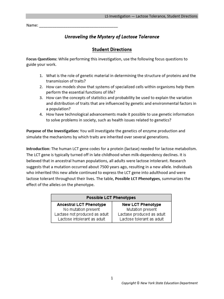 Lactose Tolerance Investigation Guide | PDF | Gene | Genetics