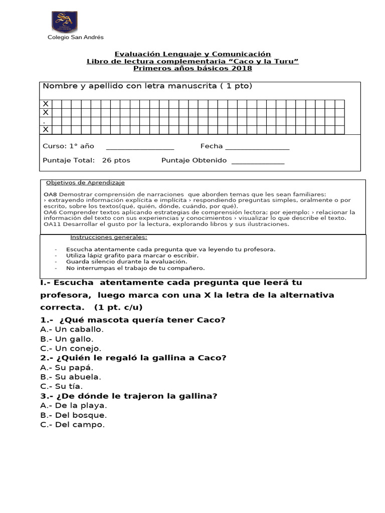Evaluación de Comprensión Lectora 1° Básico | PDF