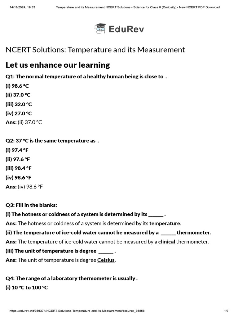 NCERT Solutions for Temperature Measurement | PDF | Thermometer ...