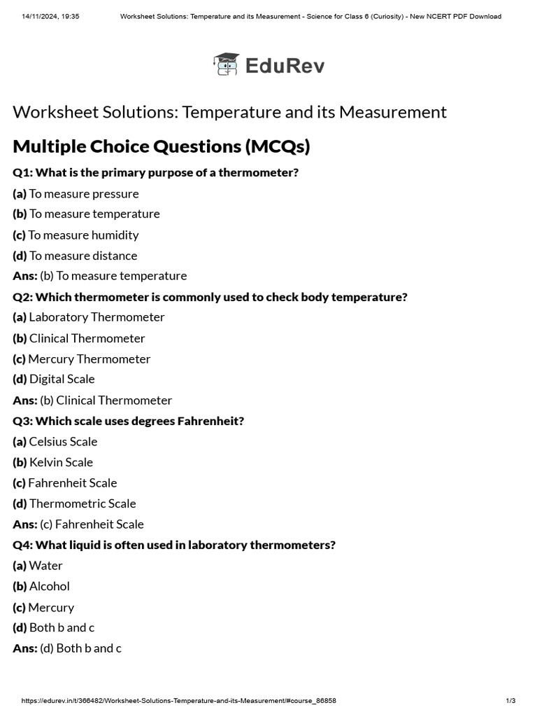 Worksheet Solutions - Temperature and Its Measurement - Science For ...
