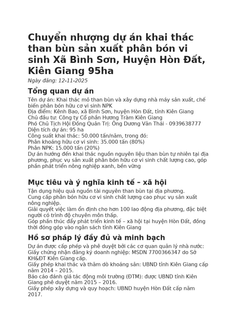 Dự Án Khai Thác Than Bùn Sản Xuất Phân Bón Vi Sinh Xã Bình Sơn | PDF