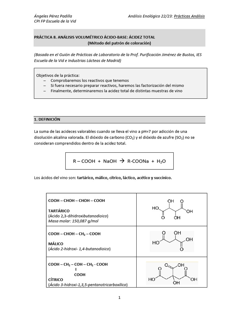 Eno 22_pract Ana 8_analisis Acidez Total | PDF | Ácido | Valoración