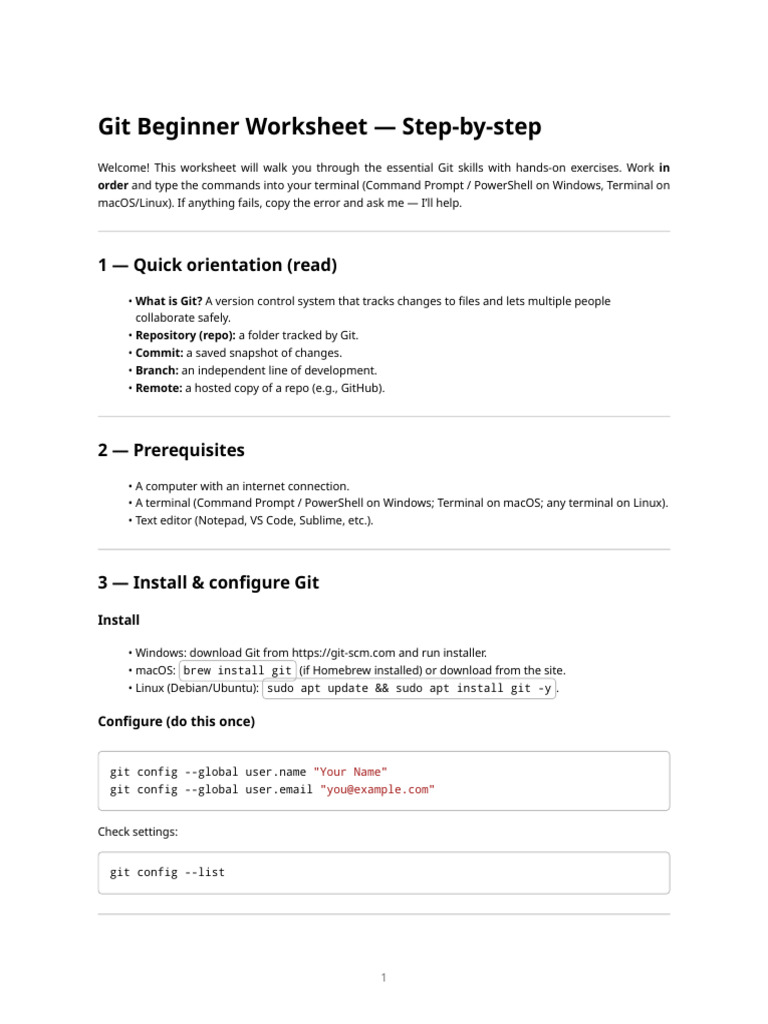 Git Beginner Worksheet: Hands-On Guide | PDF | Computer Terminal ...