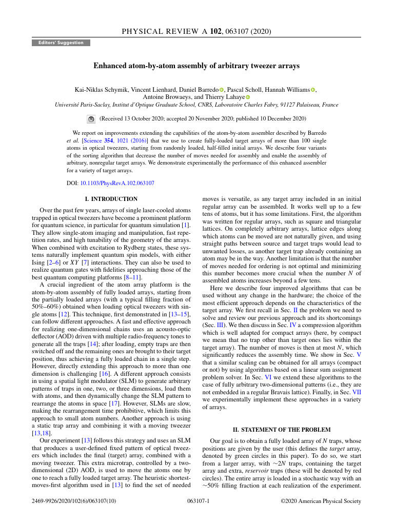 Enhanced Atom by Atom Assembly of Arbitrary Tweezer Arrays - Schymik ...