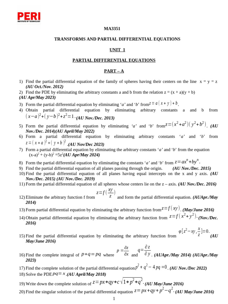 Final Ma3351 Tpde Question Bank | PDF | Partial Differential Equation ...