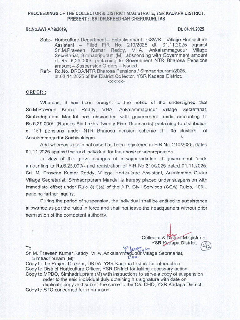 Suspension Orders of M Praveen Kumar Reddy VHA Ankalammagudur ...