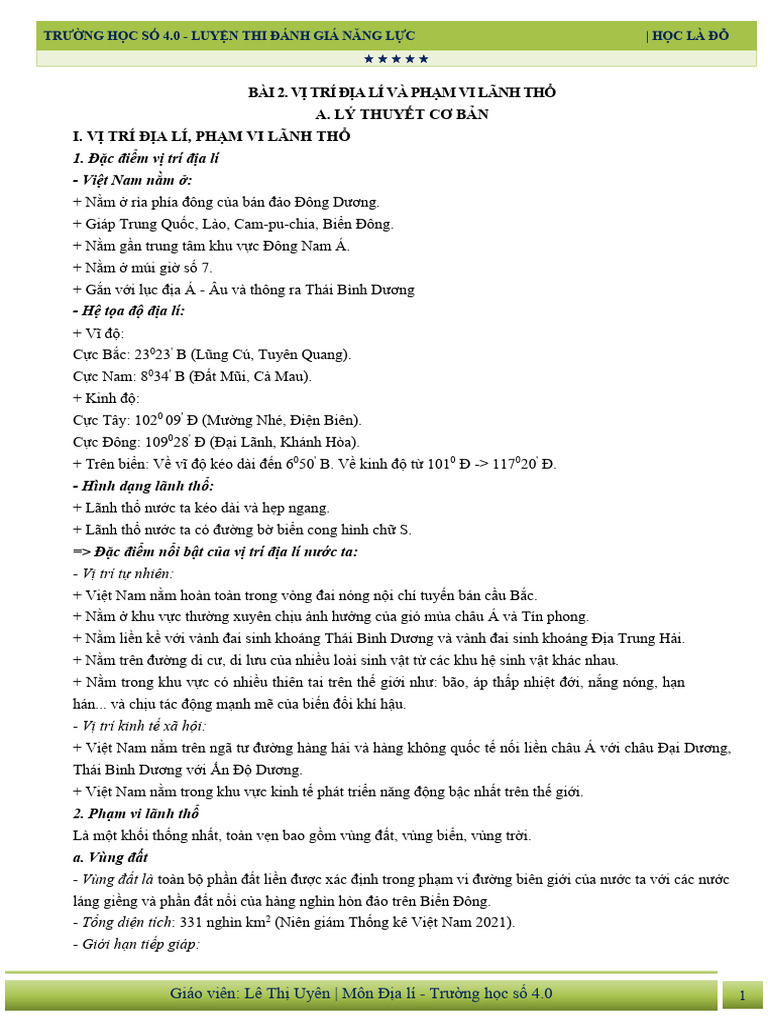 (Trường Học Số 4.0) Lop 12 Bai 2 Vi Tri Dia Li | PDF