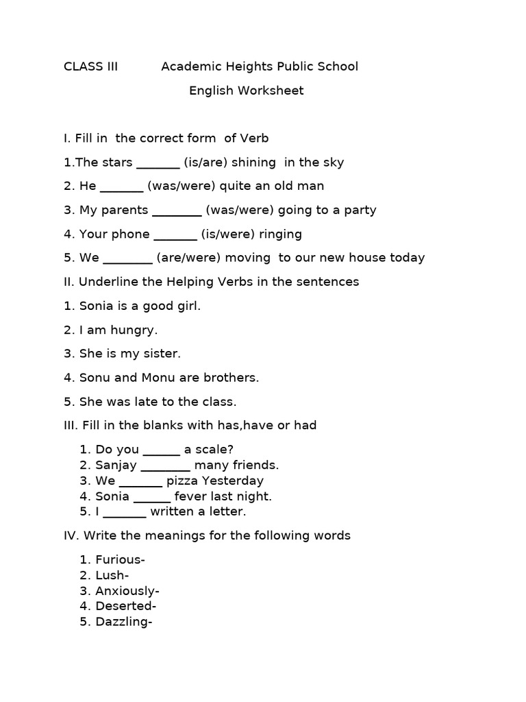 Class III English Verb and Vocabulary Worksheet | PDF