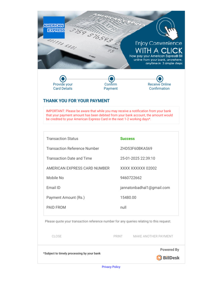 Payment Confirmation for American Express | PDF