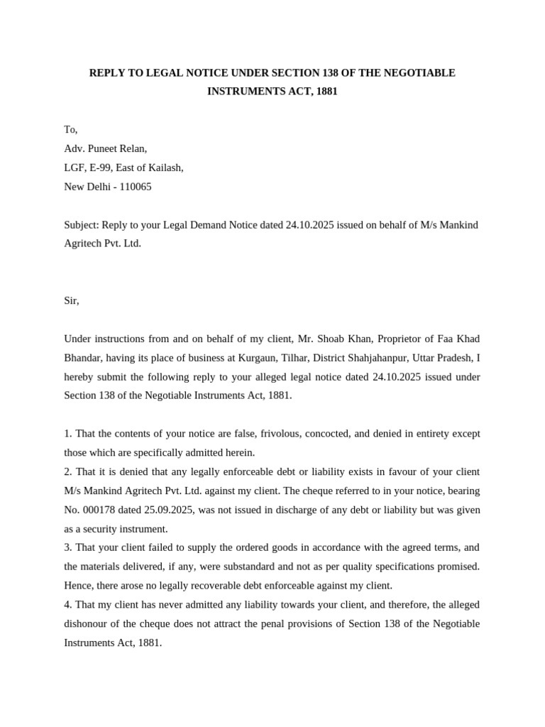 Reply To Legal Notice Under Section 138 of The Negotiable Instruments ...