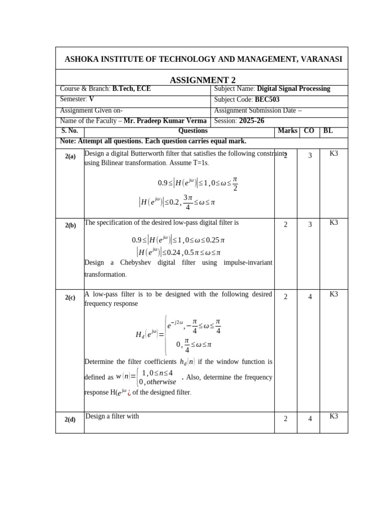 DSP - BEC503 - Assignment 2 - Odd Sem - 2025-26 | PDF | Filter (Signal Processing) | Low Pass Filter