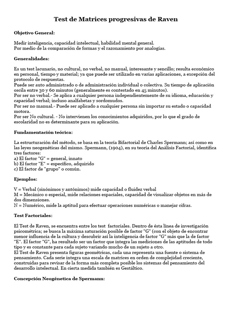 Test j c Raven Matrices Progresivas.doc (1) | PDF | Inteligencia ...