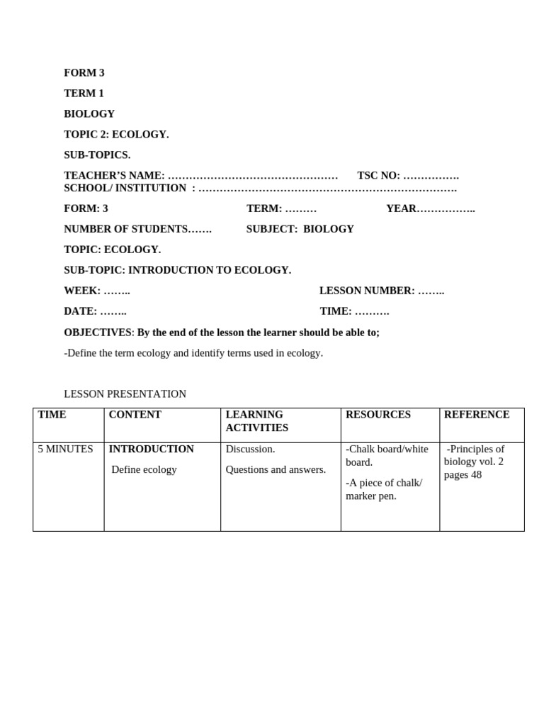 39 Ecology Lesson Plans Form 3 Biology Term 1 Word Format | PDF | Ecosystem | Learning