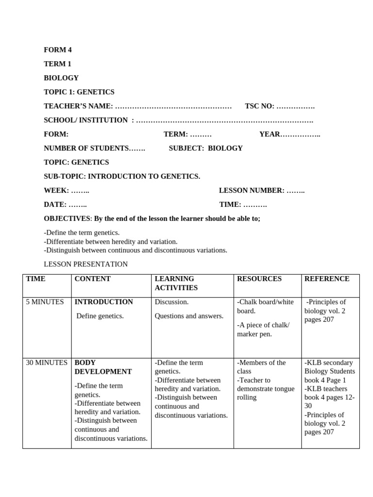 40 Genetics Lesson Plans Form 4 Biology Word Format | PDF | Genetics | Biology