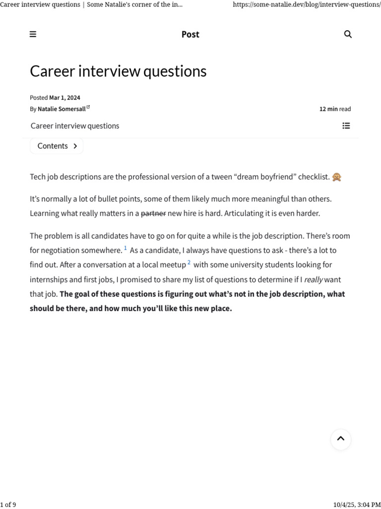 Career Interview Questions - Some Natalie's Corner of The Internet | PDF