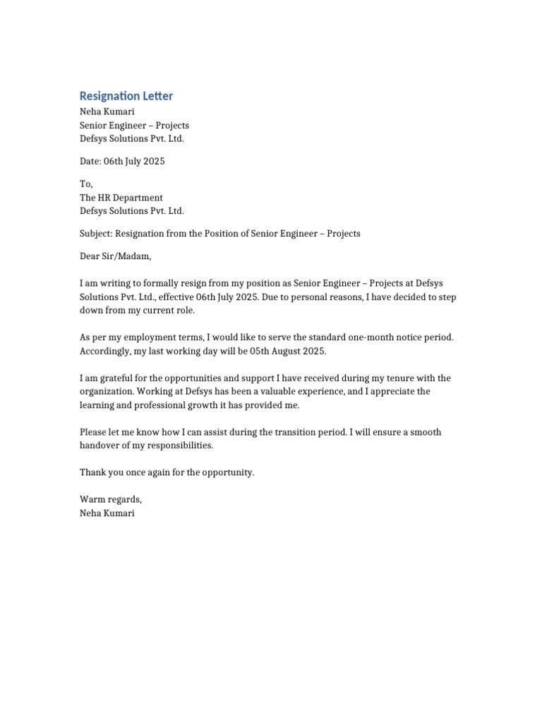 Resignation Letter Neha Kumari | PDF
