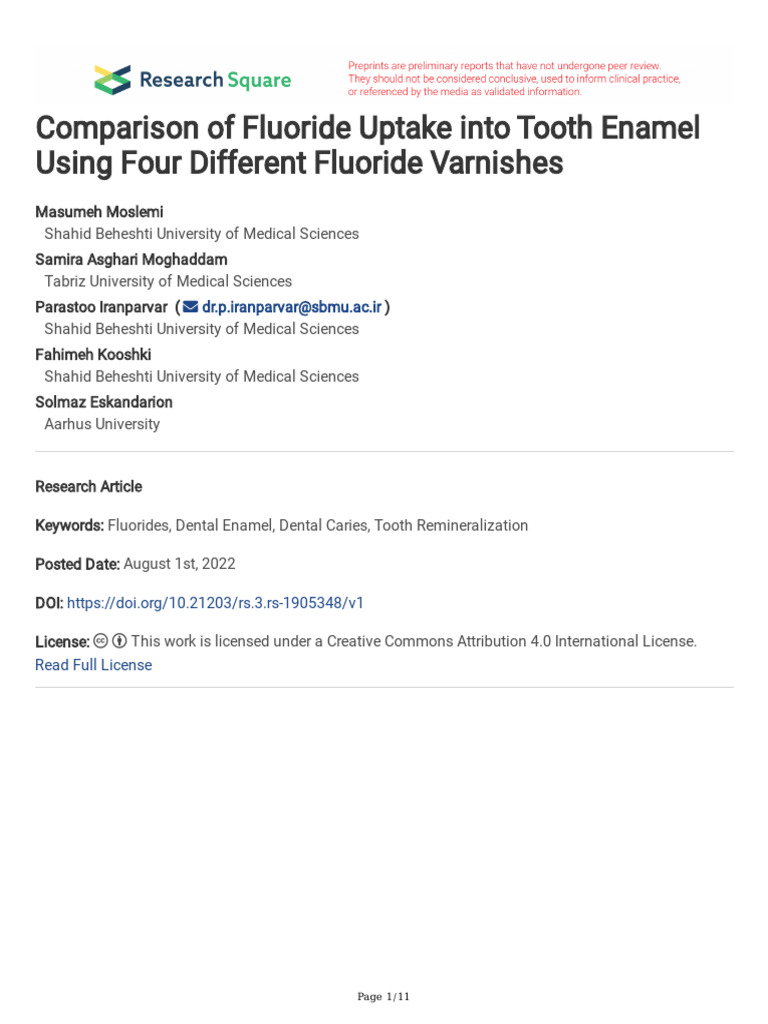 Fluoride Uptake in Enamel: Varnish Comparison | PDF | Tooth Enamel ...