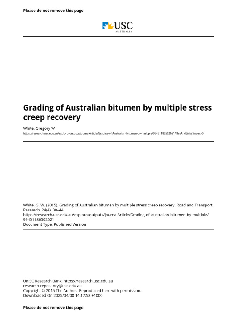 Grading of Australian Bitumen by Multiple Stress Creep Recovery | PDF ...