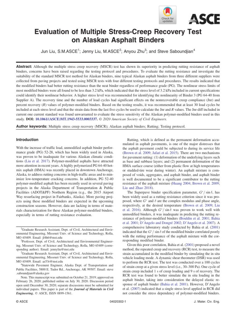 Evaluation of Multiple Stress-Creep Recovery Test On Alaskan Aspahlt ...
