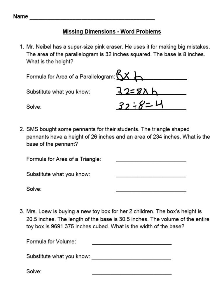 Zion Casey - Kami Export - Missing Dimensions - Word Problems | PDF