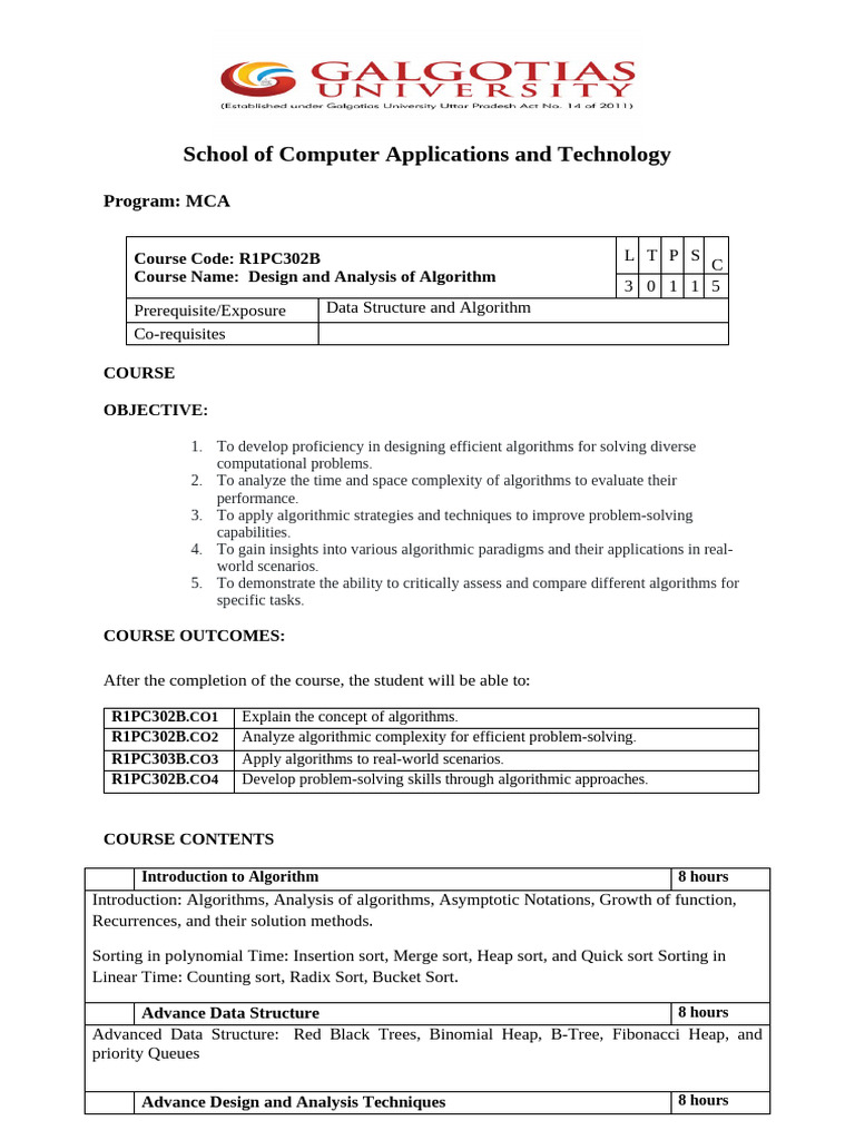 Syllabus_Design and Analysis of Algorithm_R1PC302B | PDF | Time Complexity | Discrete Mathematics