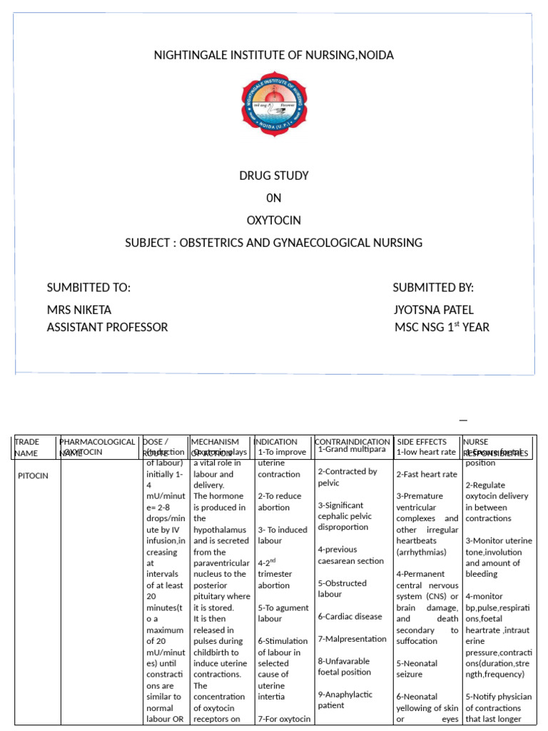 Drug Study on Oxytocin | PDF | Childbirth | Medical Specialties