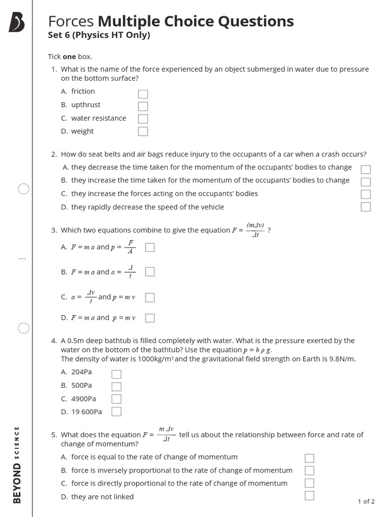 Forces and Pressure MCQs for Physics | PDF | Force | Pressure