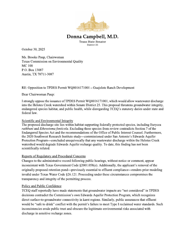 Texas Senator Donna Campbell's Opposition Letter To TCEQ | PDF