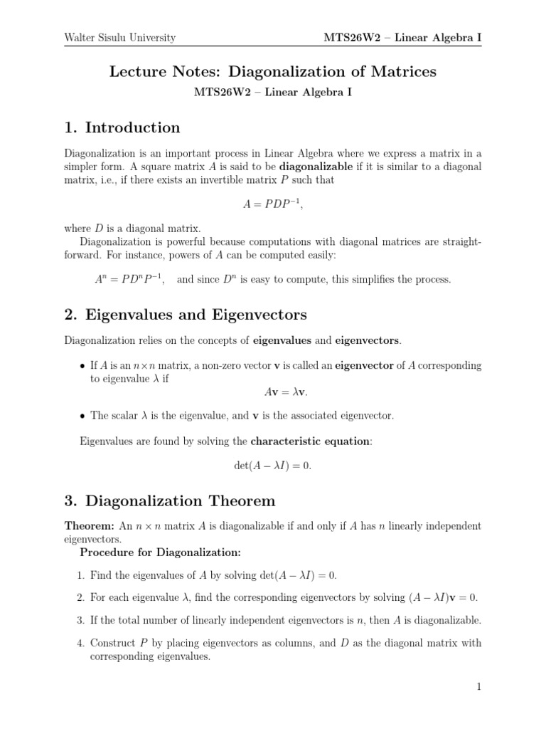 Linear Algebra Notes Diagonalisation3 | PDF | Eigenvalues And ...
