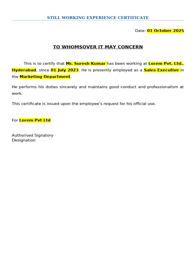Experience Letter For Current Working Employee Download | PDF