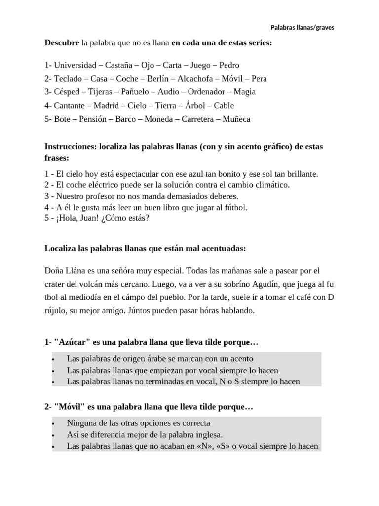 Ejercicios de Palabras Llanas | PDF