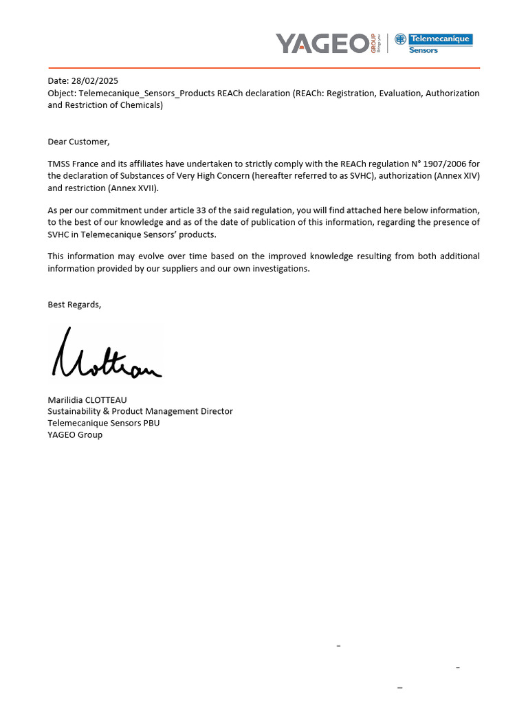 TMSS France REACh Compliance Declaration | PDF | Chemistry ...