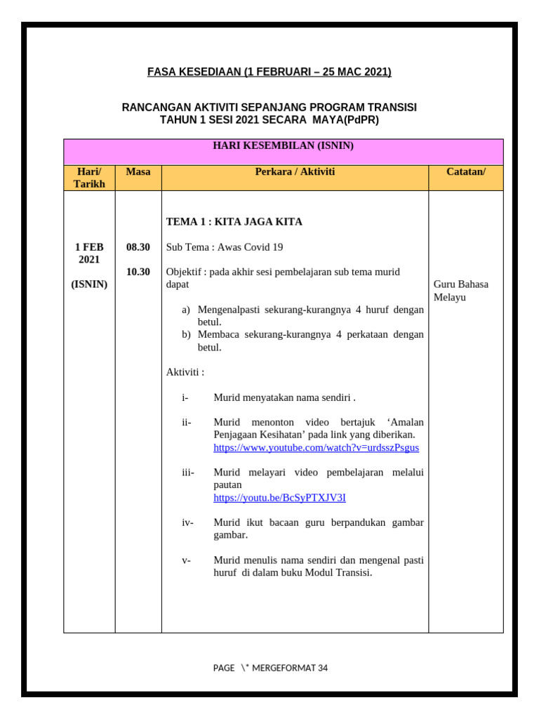 Rph Transisi Tahun 1-2021 Fasa Kesediaan | PDF
