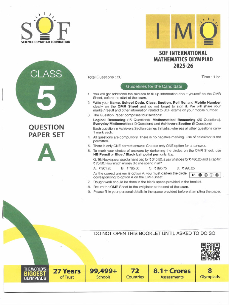 IMO Class 5 2025-26 Set A | PDF