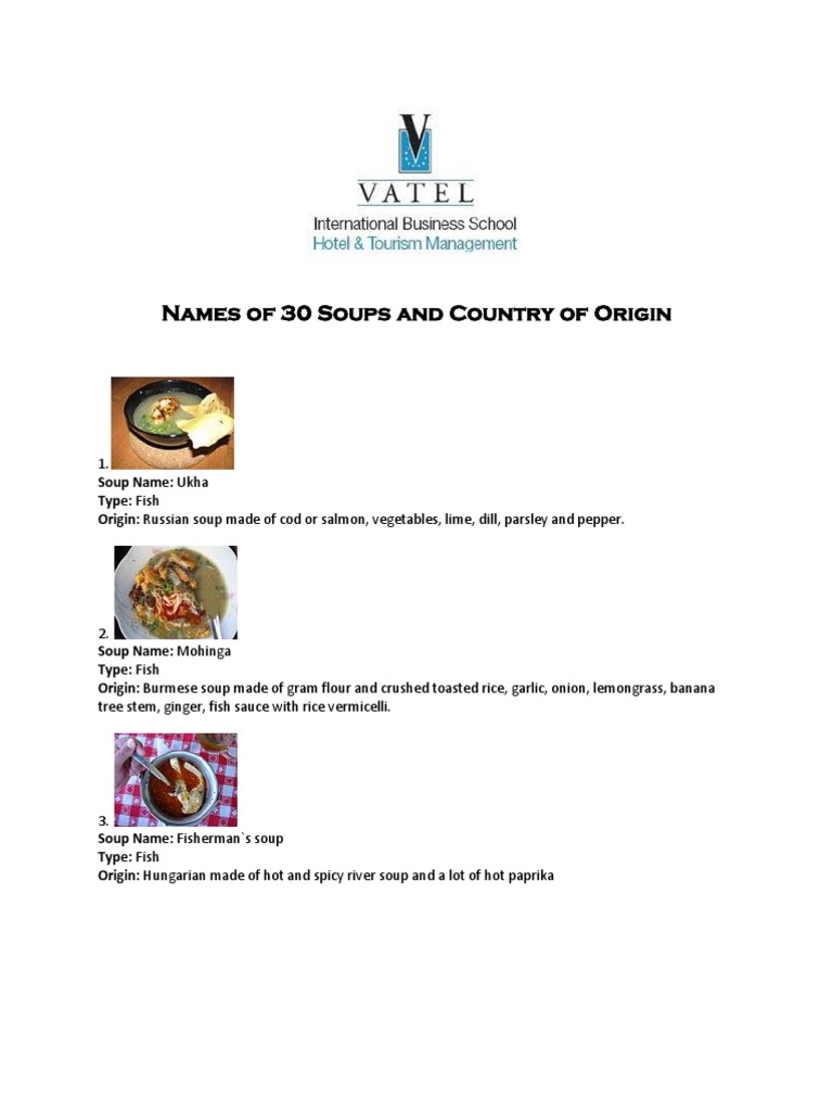 Names of 30 Soups and Country of Origin | PDF | Soup | Dill