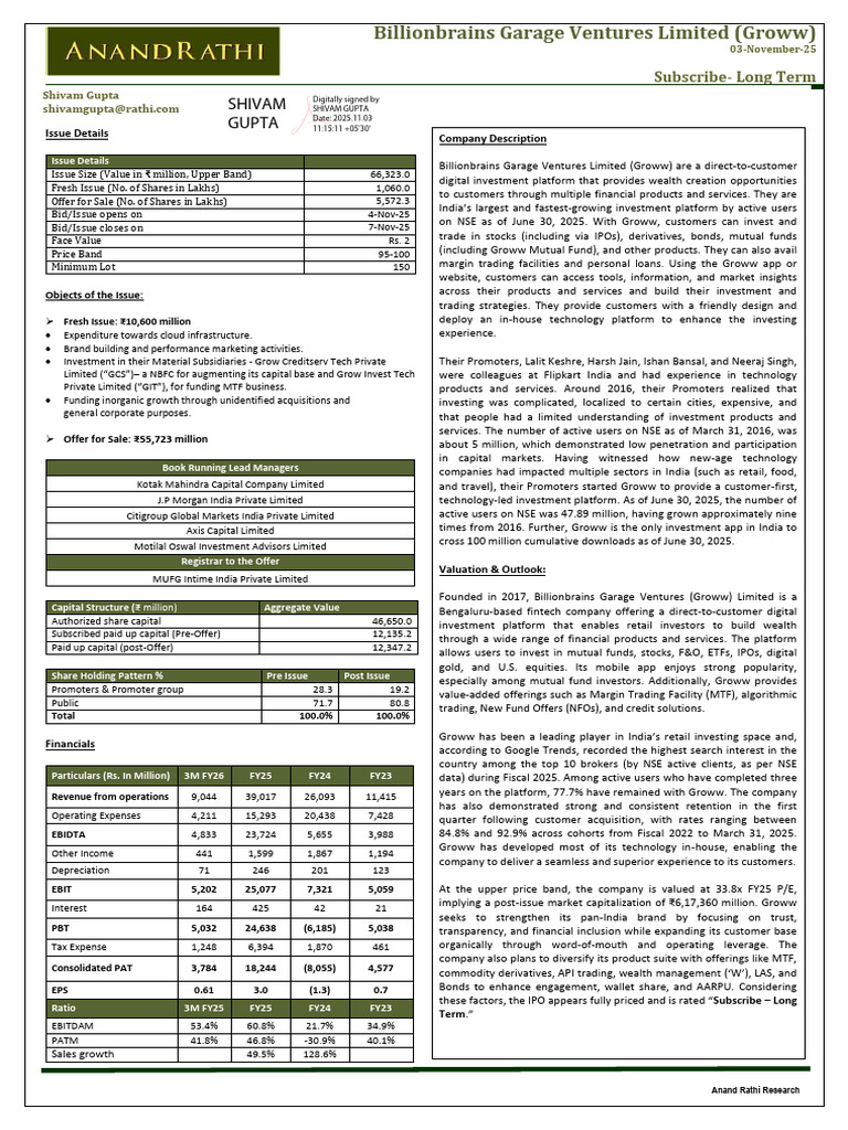 Anand Rathi IPO Note Billionbrains Garage Ventures | PDF | Investing ...