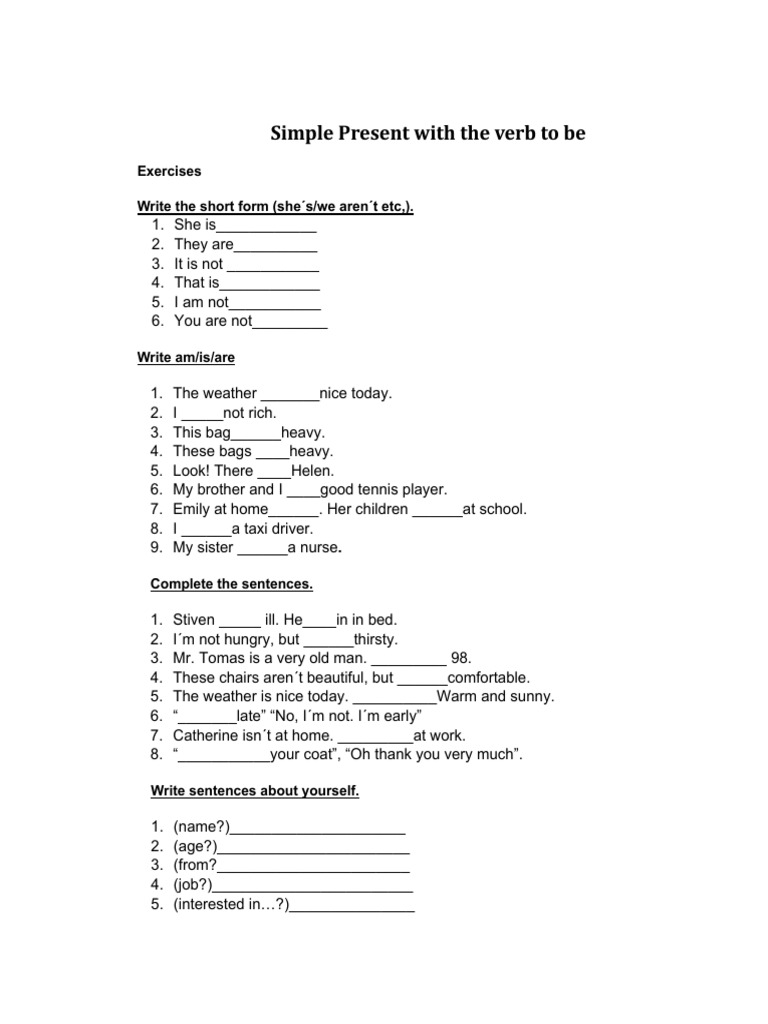 Simple Present Verb "To Be" Exercises | PDF | Linguistic Morphology ...